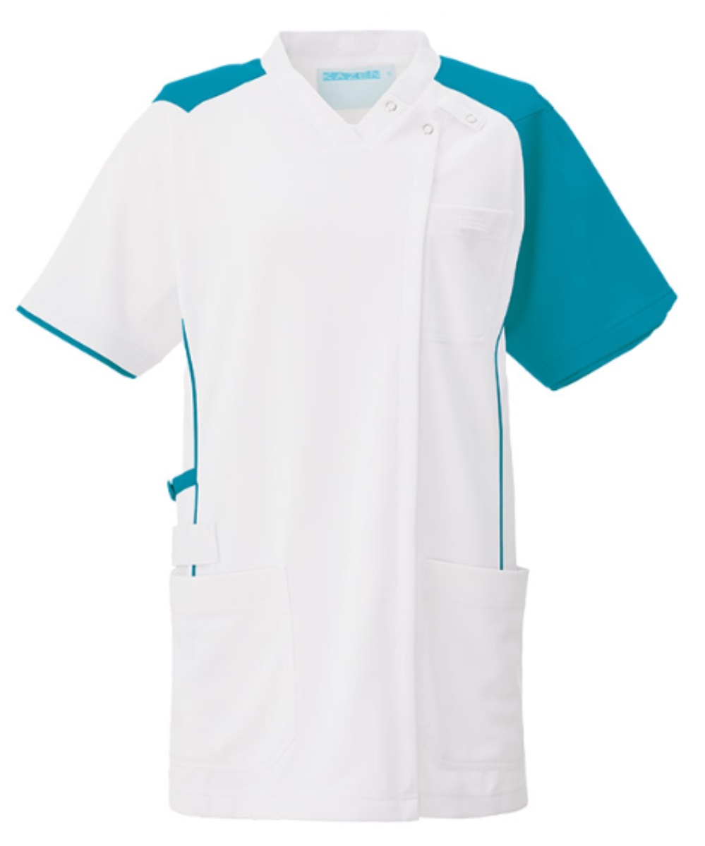 KZN713-12 スクラブジャケット半袖 ホワイト×ターコイズ | 医療用白衣・スクラブの通販 | 【公式】埼玉ユニホームオンラインショップ